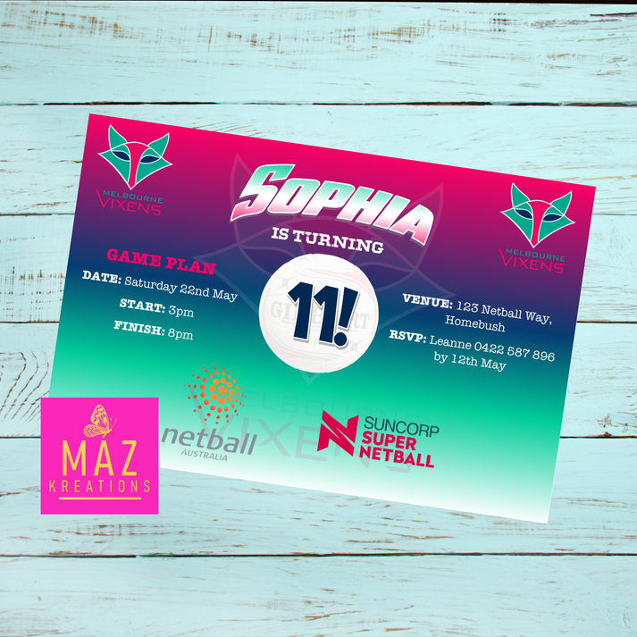 Melbourne Vixens Netball Birthday Invitation – Maz Kreations