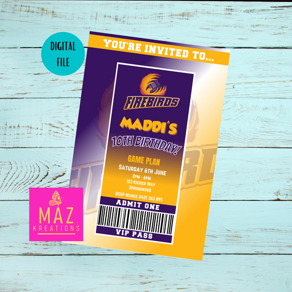 QLD Firebirds Netball VIP Pass Birthday Invitation – Maz Kreations
