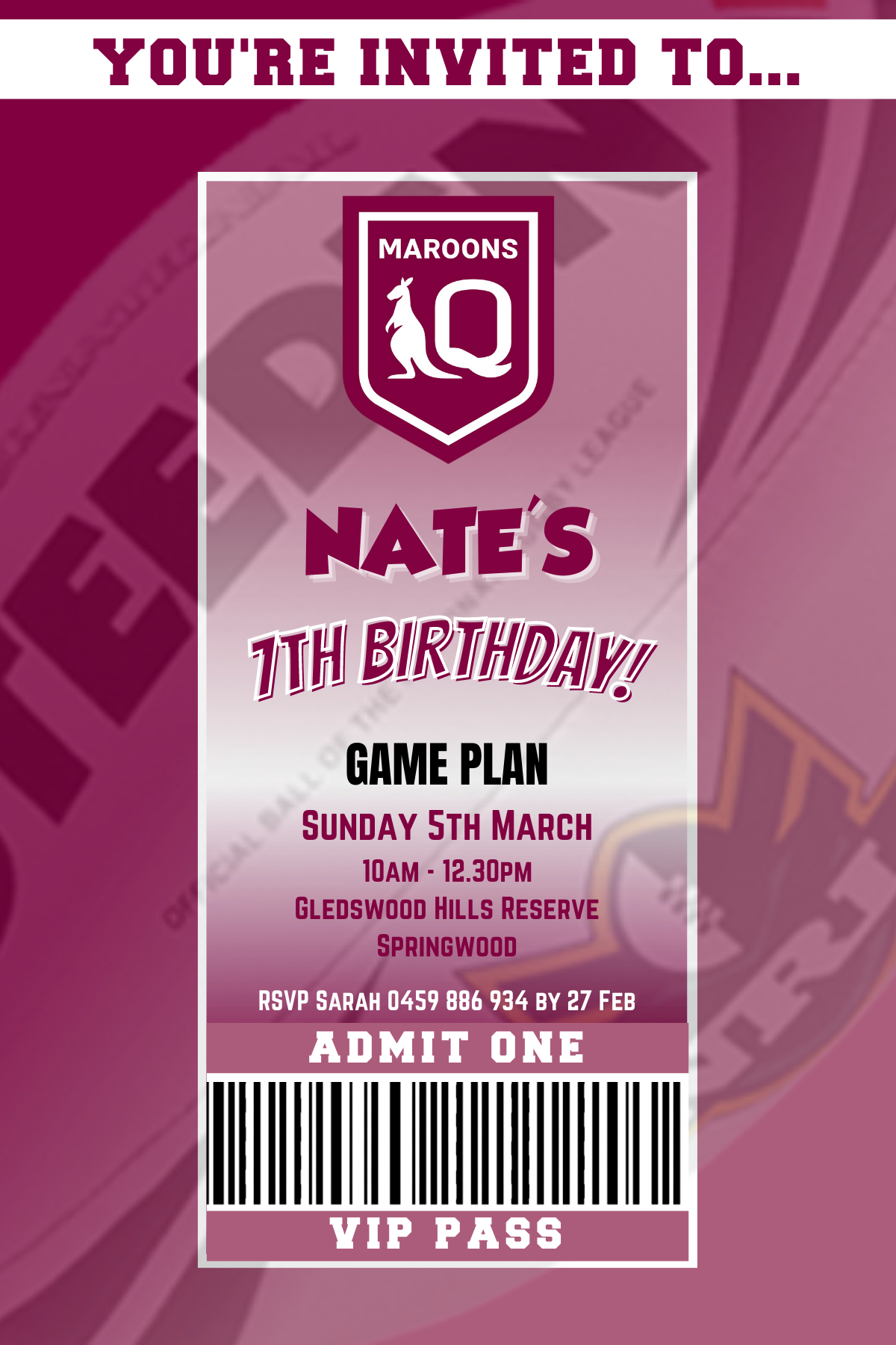 QLD Maroons VIP Pass Birthday Invitation – Maz Kreations