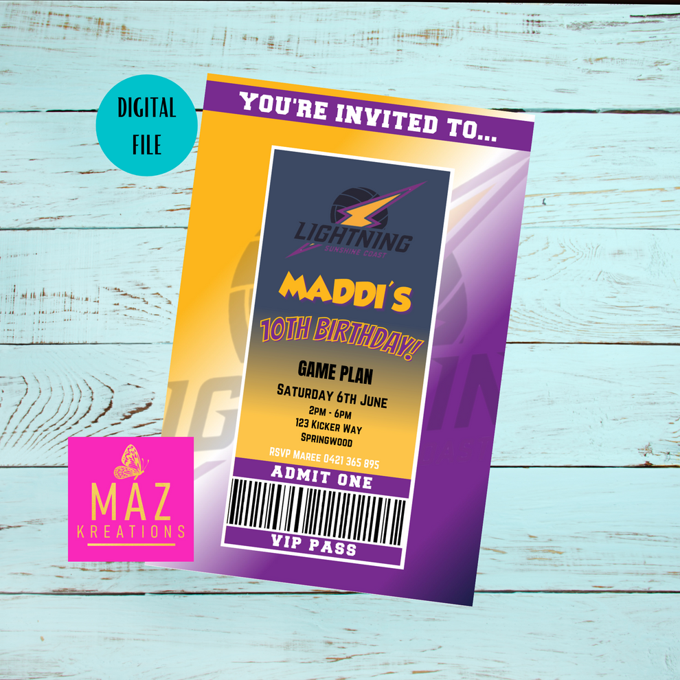 Sunshine Coast Lightning Netball VIP Pass Birthday Invitation – Maz ...