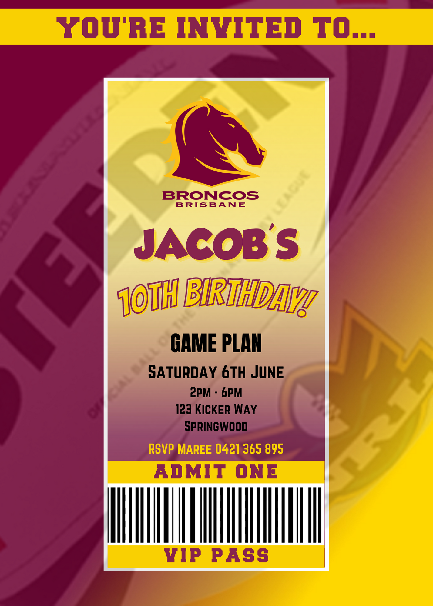 Brisbane Broncos VIP Pass Birthday Invitation – Maz Kreations