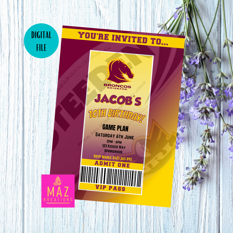 Brisbane Broncos VIP Pass Birthday Invitation – Maz Kreations