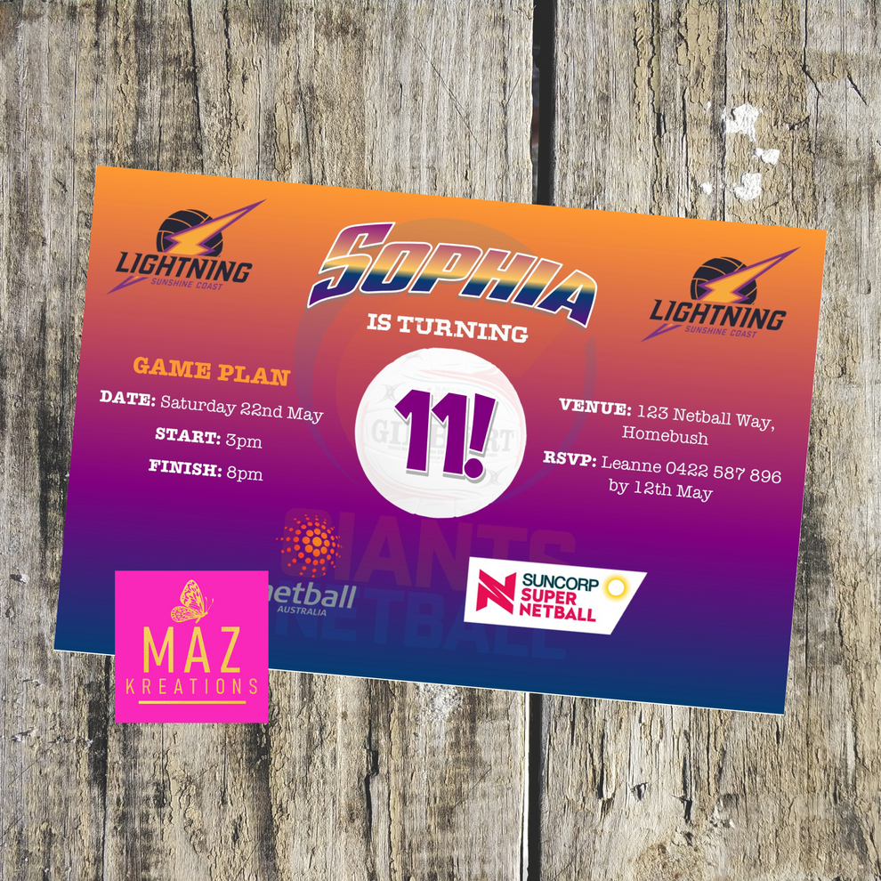 Sunshine Coast Lightning Netball Birthday Invitation – Maz Kreations