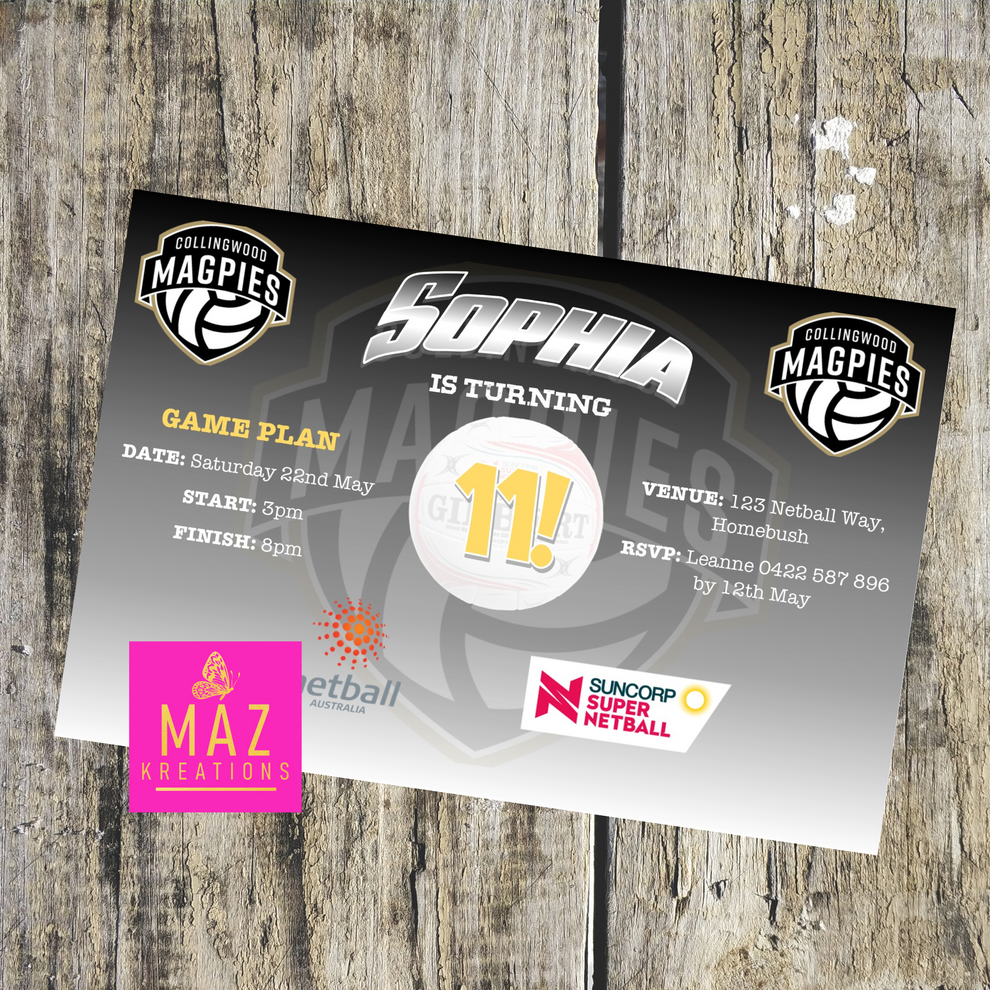 Collingwood Magpies Netball Birthday Invitation – Maz Kreations