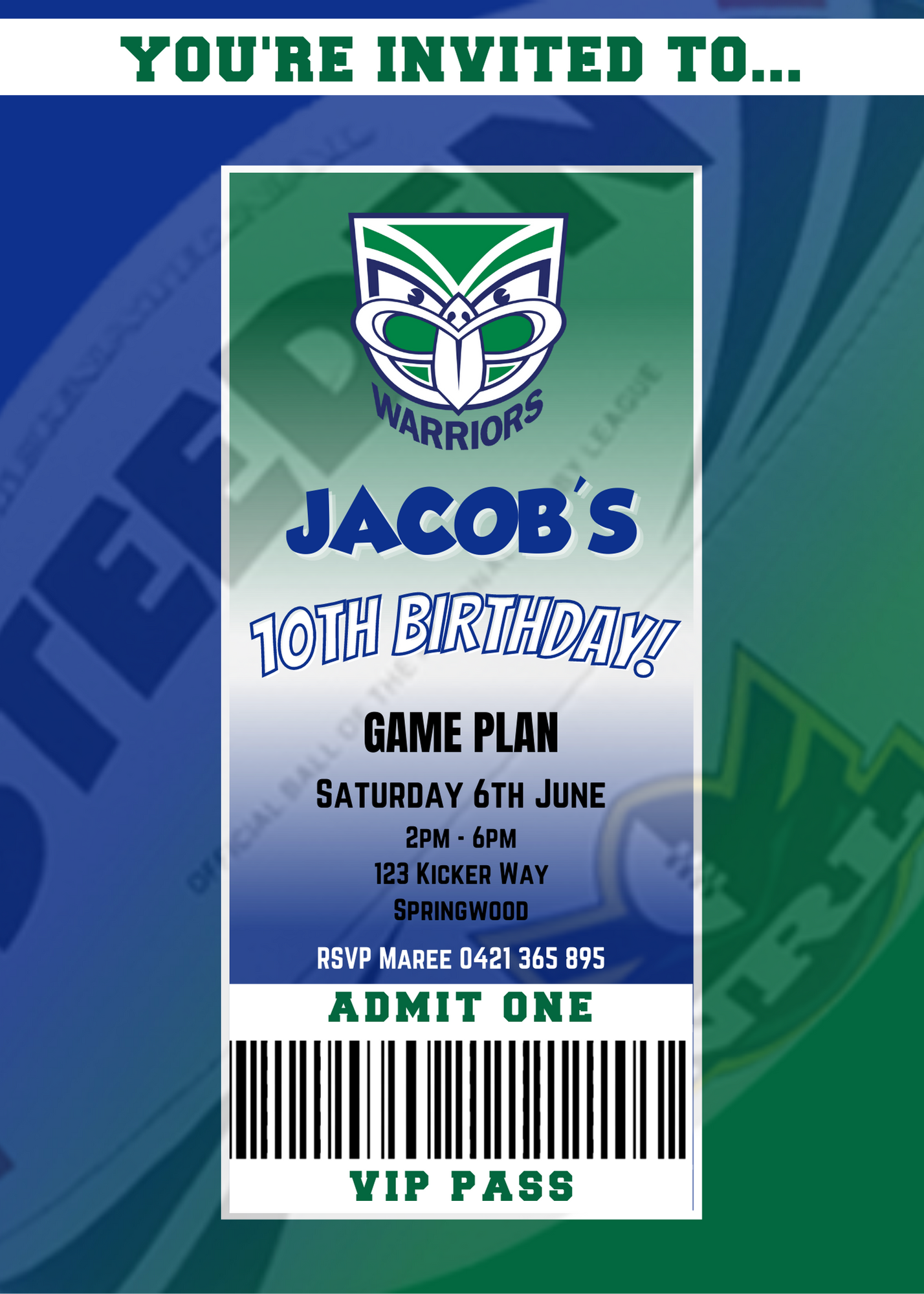 New Zealand Warriors VIP Pass Birthday Invitation – Maz Kreations