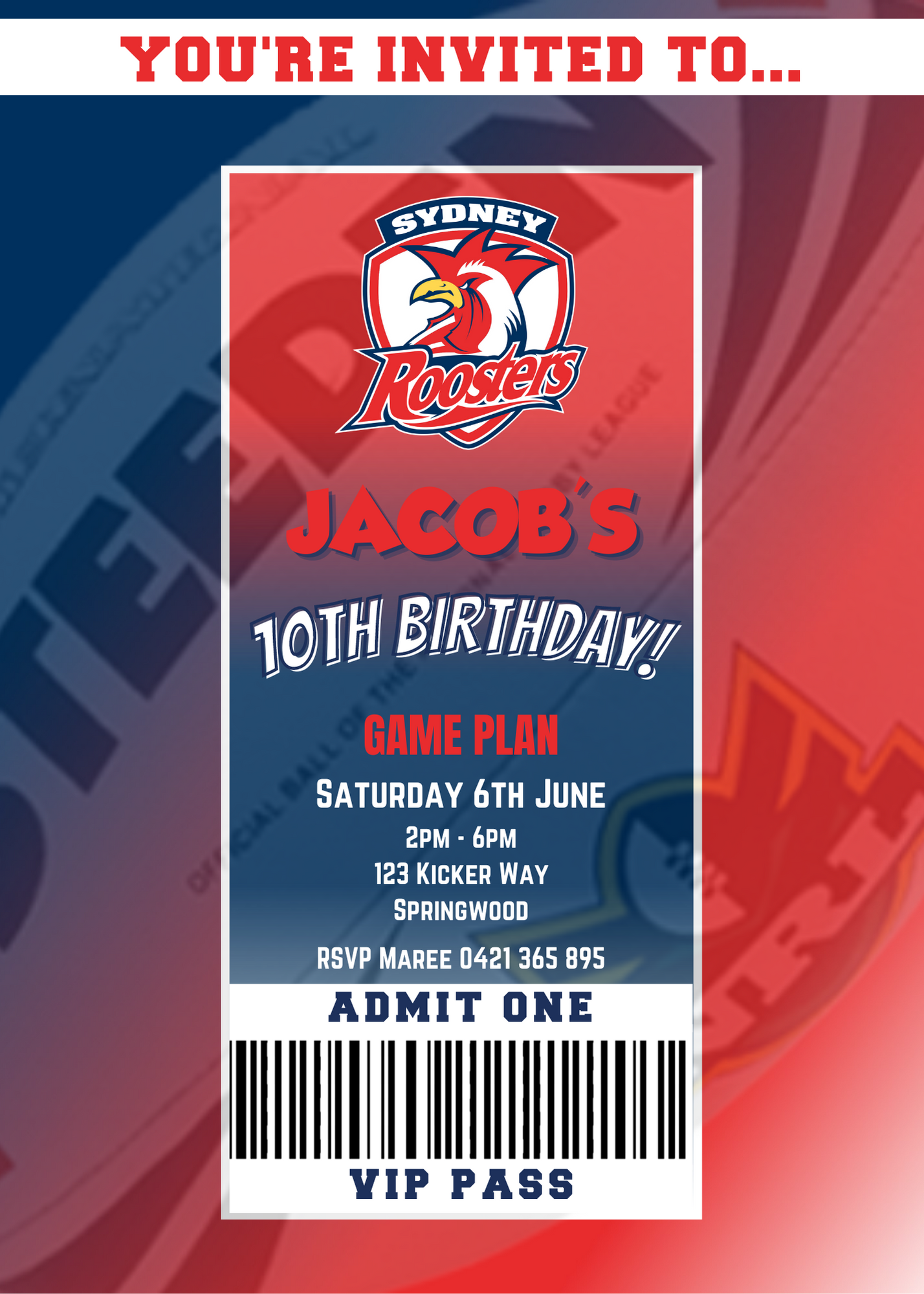 Sydney Roosters VIP Pass Birthday Invitation – Maz Kreations
